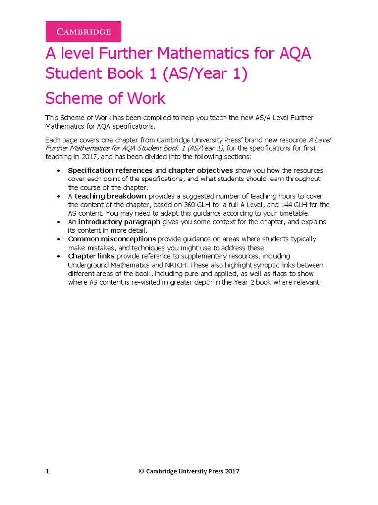 A Level Further Mathematics For AQA Student Book 1 Scheme of Work | PDF ...
