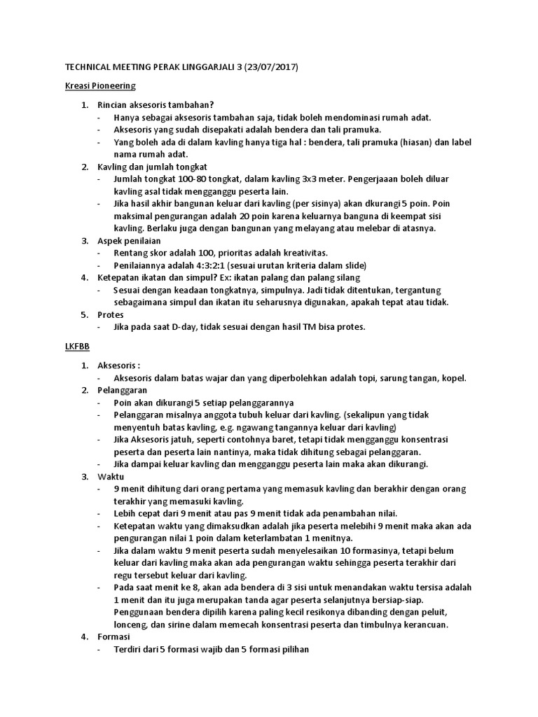 Notulen Rangkuman, TECHNICAL MEETING PERAK LINGGARJALI 3 | PDF