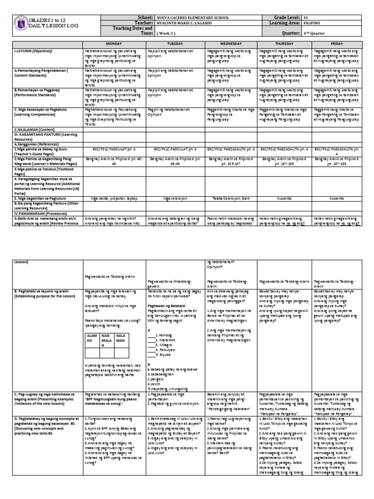 Grade 6 DLL FILIPINO 6 Q4 Week 3 | PDF