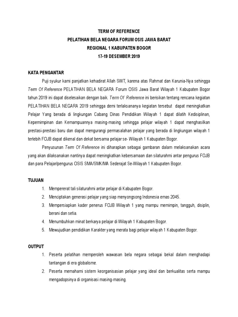 Term of Reference (Tor) Pelatihan Bela Negara | PDF | Kajian Bahasa Asing