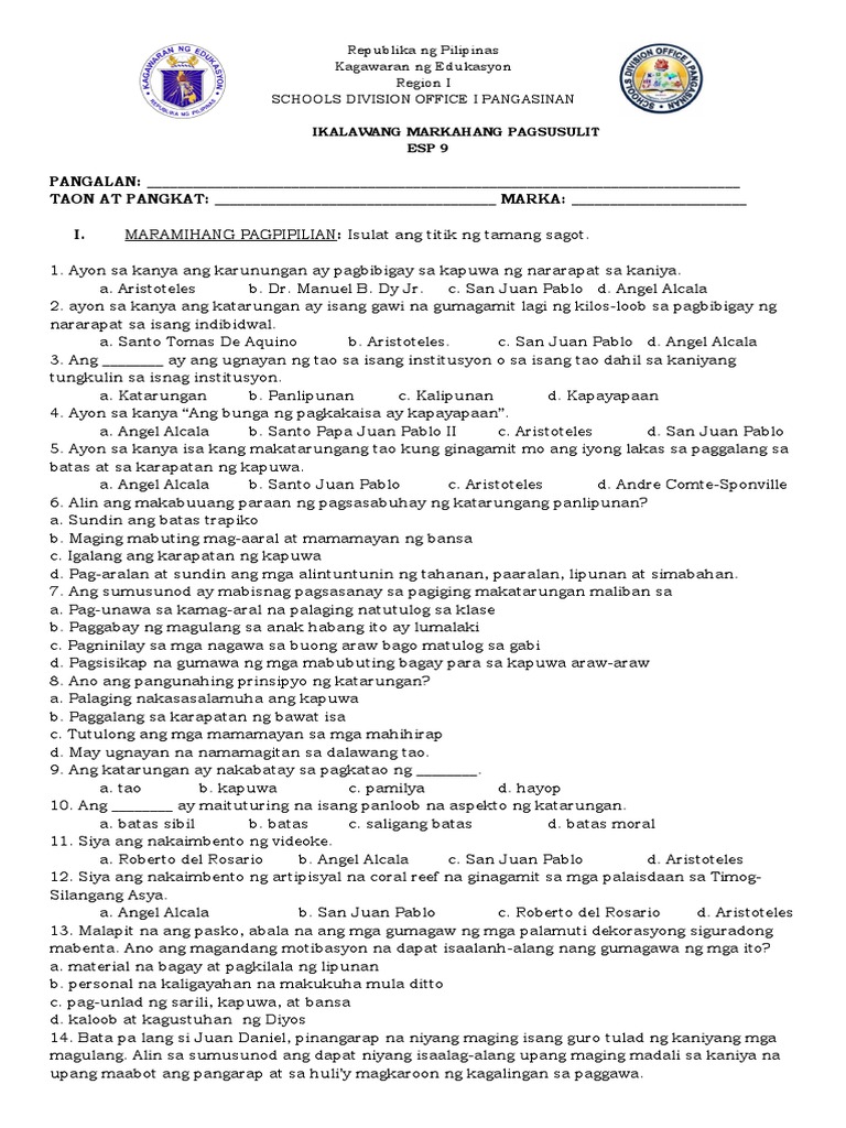 3rd Quarter Exam ESP 9 | PDF