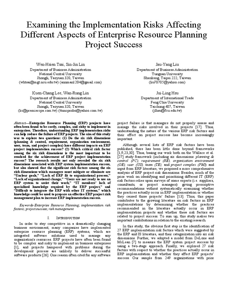 Examining The Implementation Risks Affecting Different Aspects of ERP ...