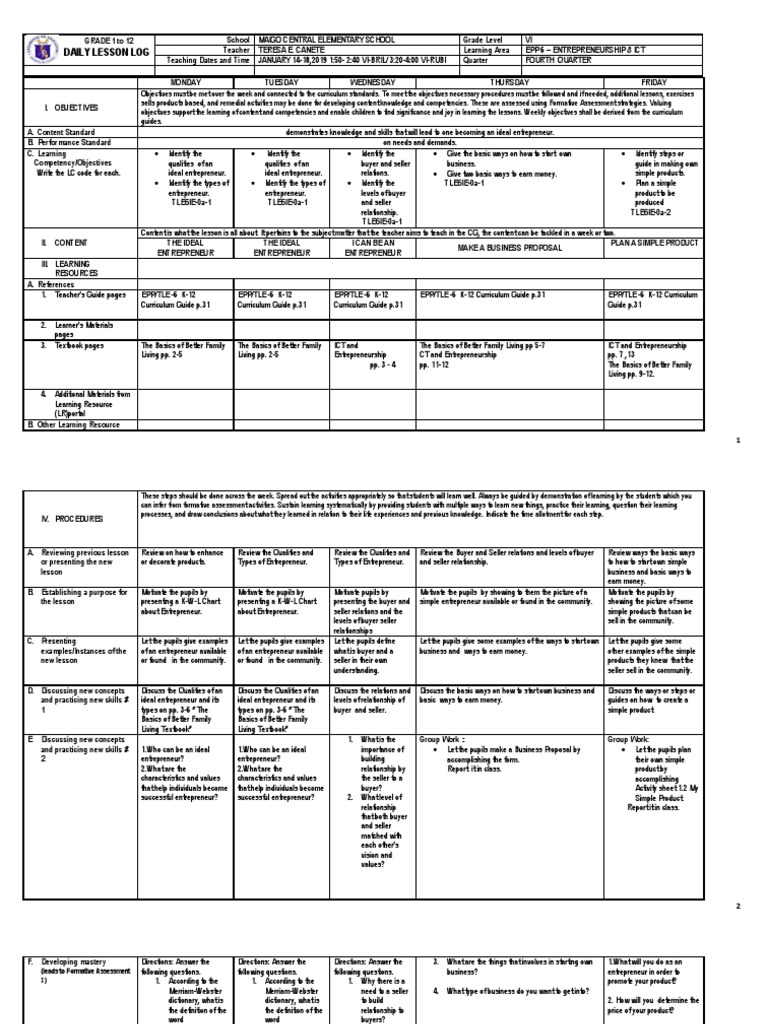 DLL Epp6 Entrep Q1 W1 | PDF | Curriculum | Entrepreneurship