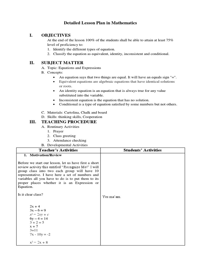 Grade 7 Lesson Plan | PDF | Equations | Lesson Plan