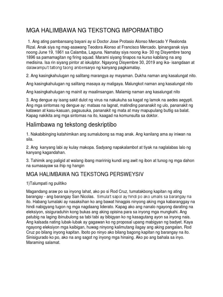 Mga Halimbawa NG Tekstong Impormatibo | PDF