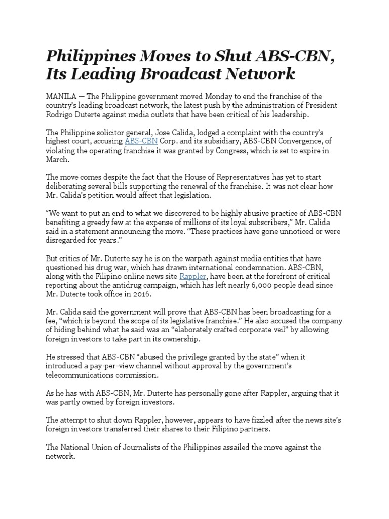 Abs CBN Shutdown Issue | PDF | Rodrigo Duterte | Public Sphere