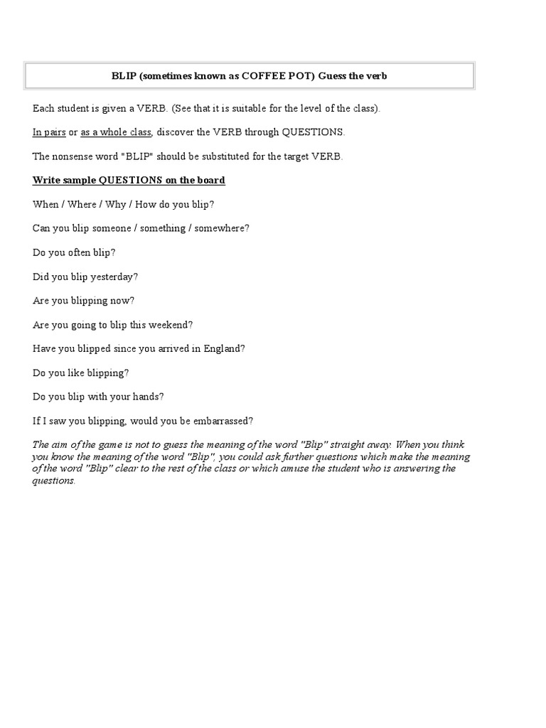 BLIP - EFL Verb Guessing Game | PDF | Language Arts & Discipline