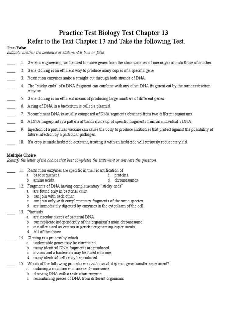 Biology Test Chapter 13 Test | PDF | Molecular Cloning | Dna