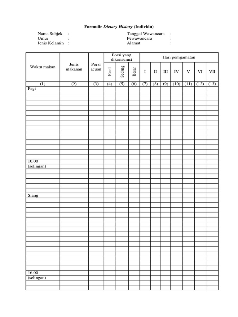 Formulir Dietary History | PDF