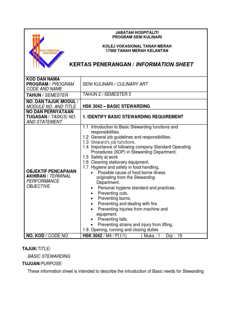 Basic Stewarding KP-1 (1) HSK 3042 | PDF