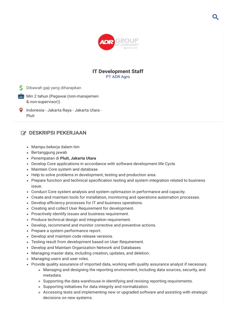 IT Development Staff Pekerjaan - PT ADR Agro - 3145015 - JobStreet ...