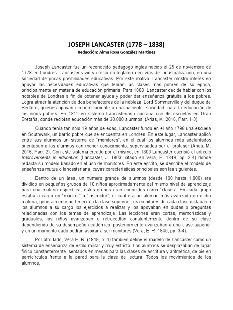 Joseph Lancaster | PDF | Educación Secundaria | Educación primaria