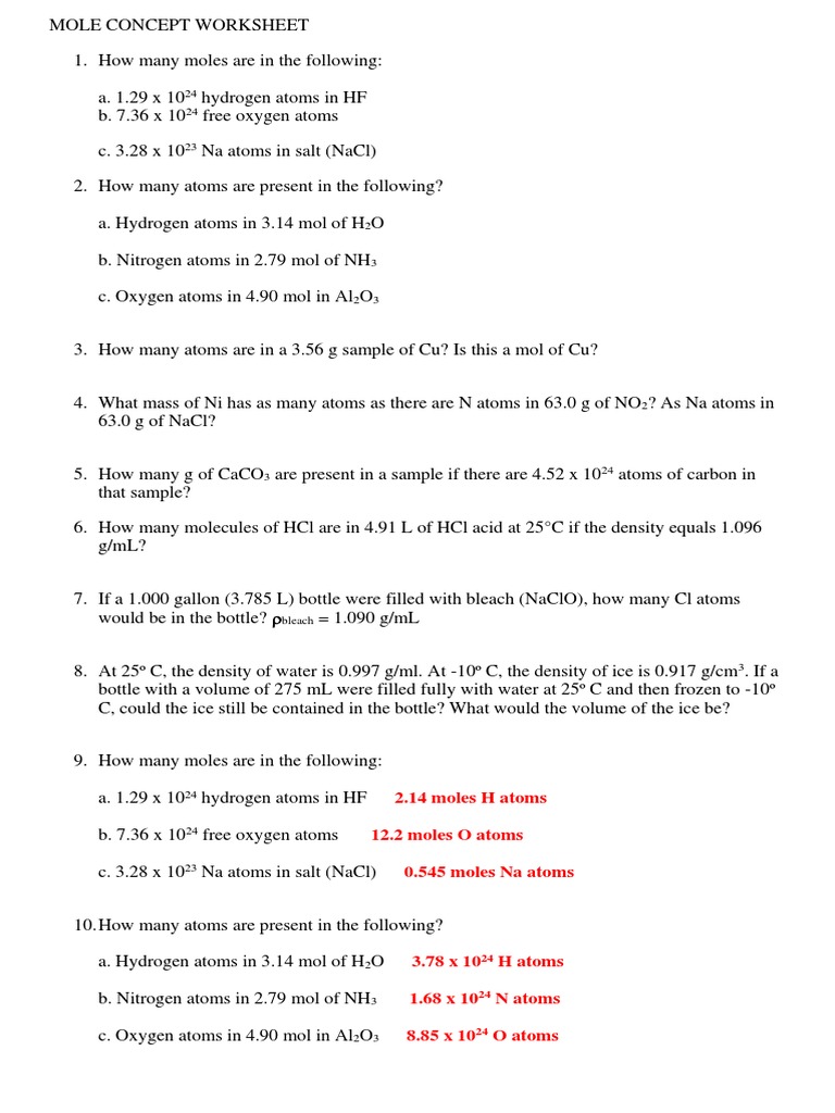 Moles Concept Worksheet | Download Free PDF | Mole (Unit) | Carbon