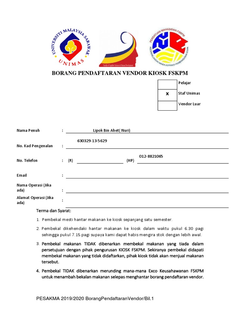 Borang Pendaftaran Vendor Kiosk Fskpm Pdf