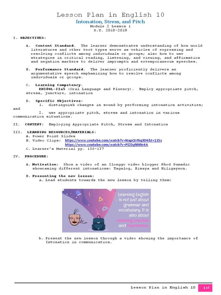 Lesson Plan On Intonation | PDF | Lesson Plan | Stress (Linguistics)
