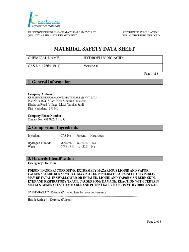 MSDS HF - PV KPM | PDF | Fluorine | Fluoride