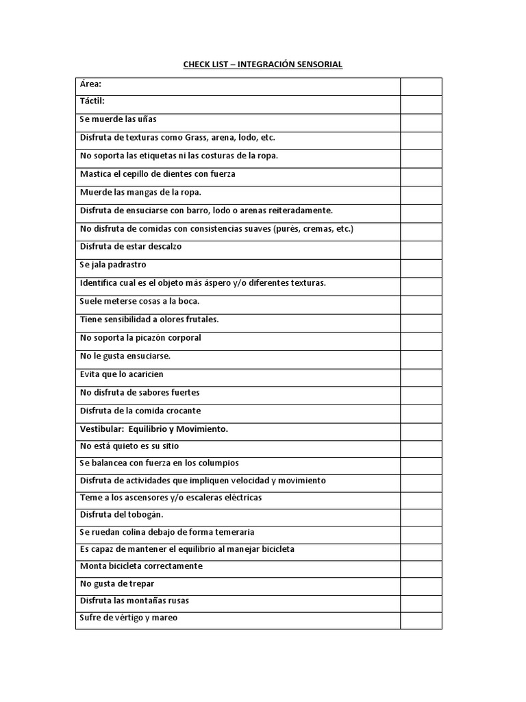 Integracion Sensorial Checklist | PDF