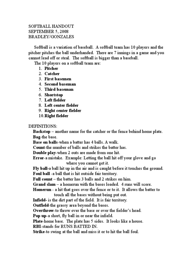 Softball Handout | PDF | Sports & Recreation