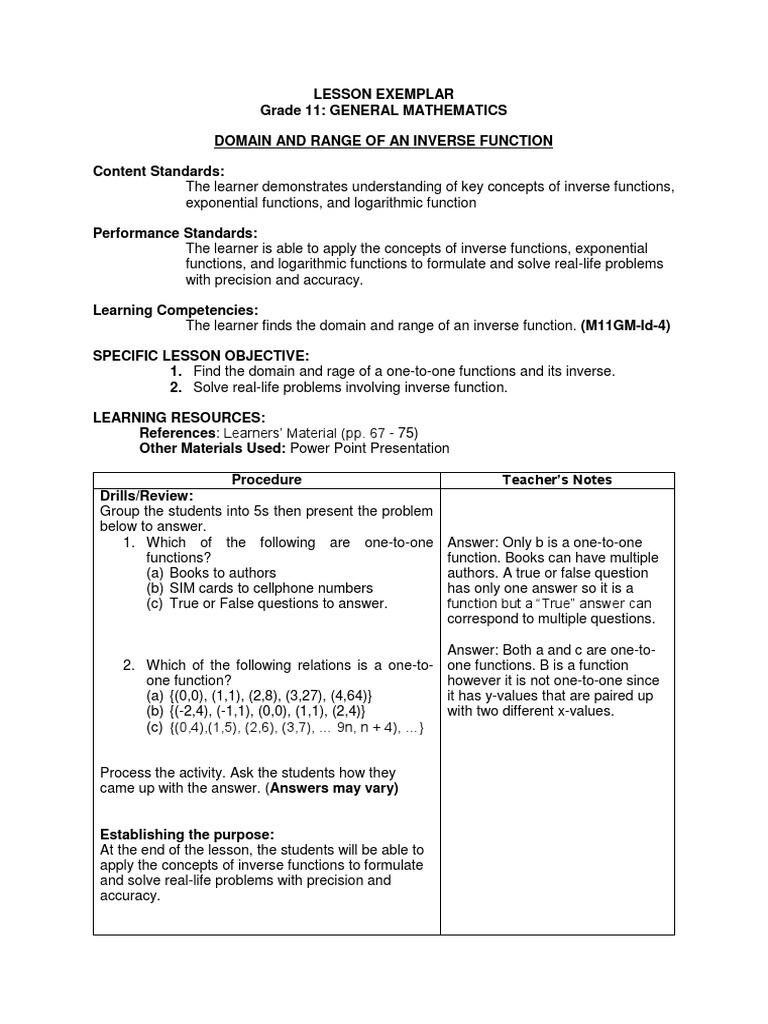 LESSON EXEMPLAR IN MATHEMATICS - Inverse Function | PDF | Function ...
