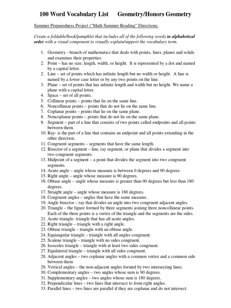 100 Word Vocabulary List For Geometry | PDF | Triangle | Circle