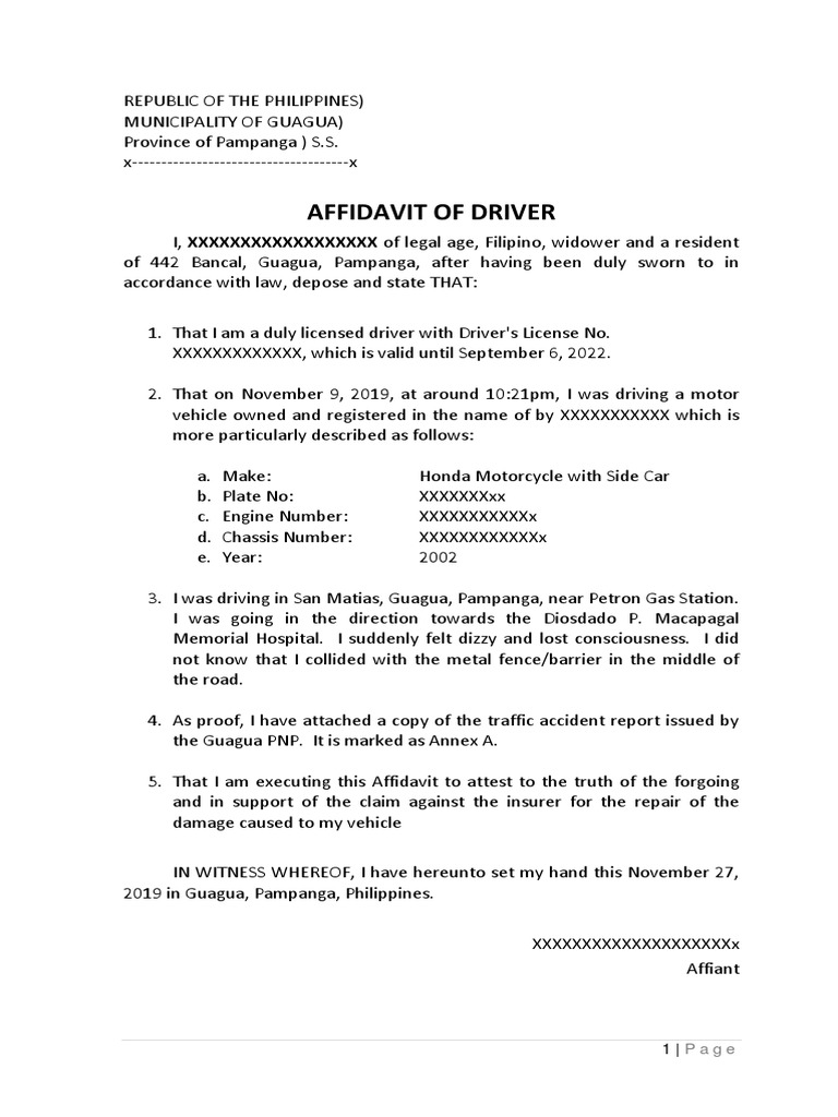Affidavit of Self Accident | PDF | Affidavit | Road Transport