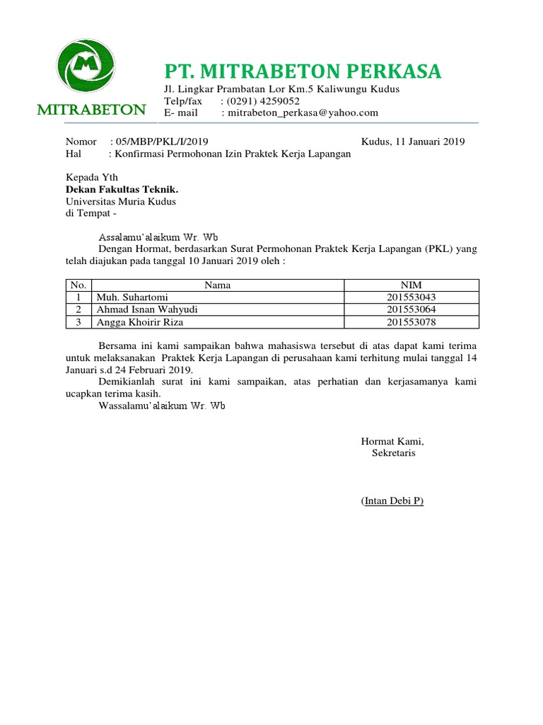 Contoh Surat Balasan PKL | PDF