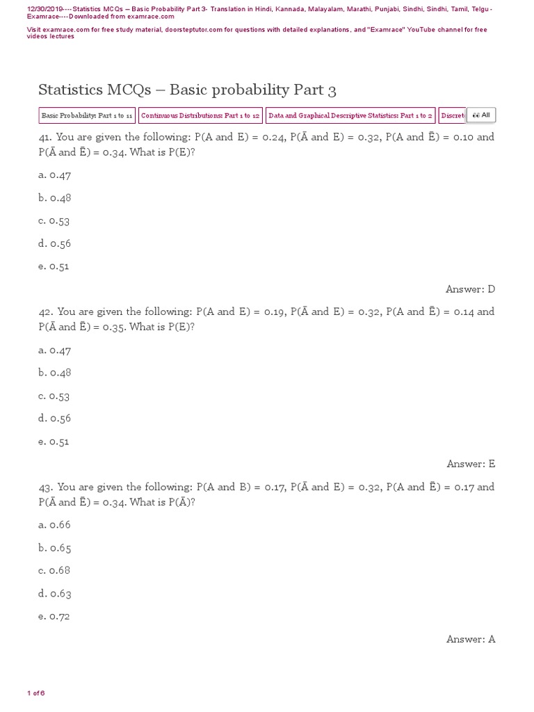 Statistics MCQs – Basic Probability Part 3: Solutions to Probability ...