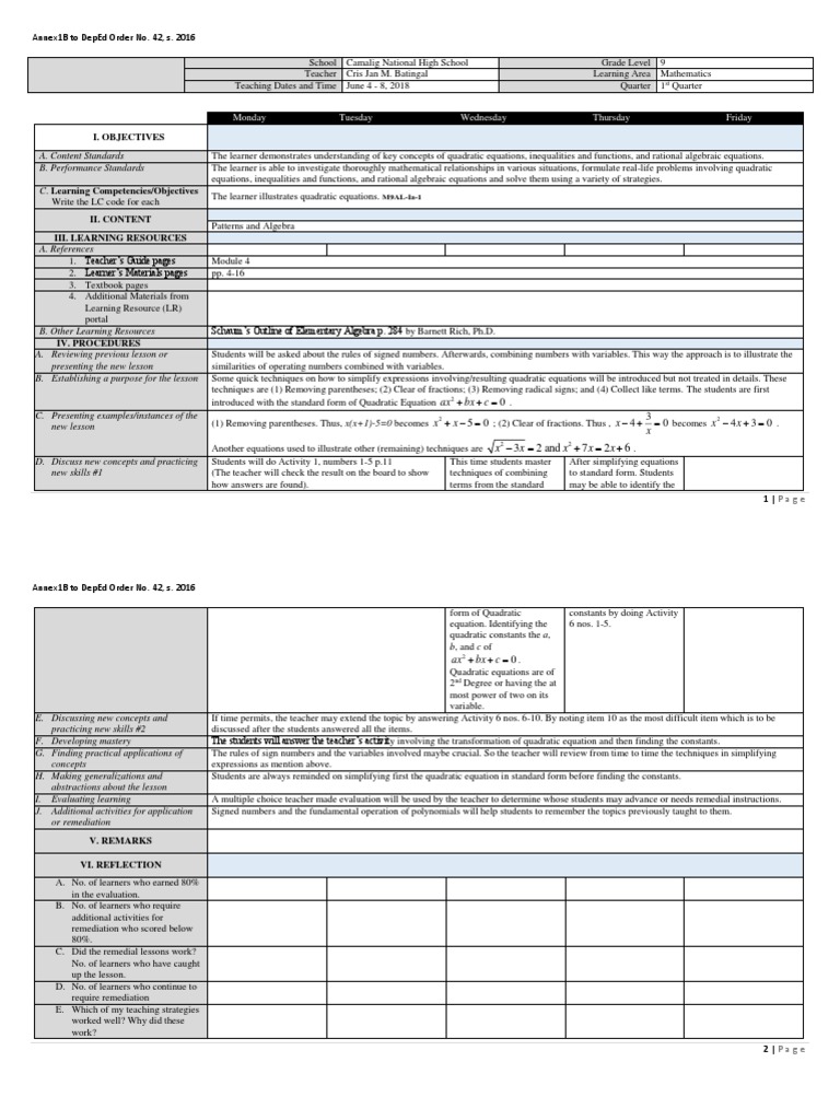 DLL Grade 9 Math Q1 Week 1 | PDF | Variable (Mathematics) | Equations