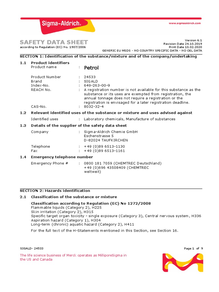 MSDS of Petrol | PDF | Toxicity | Prevention