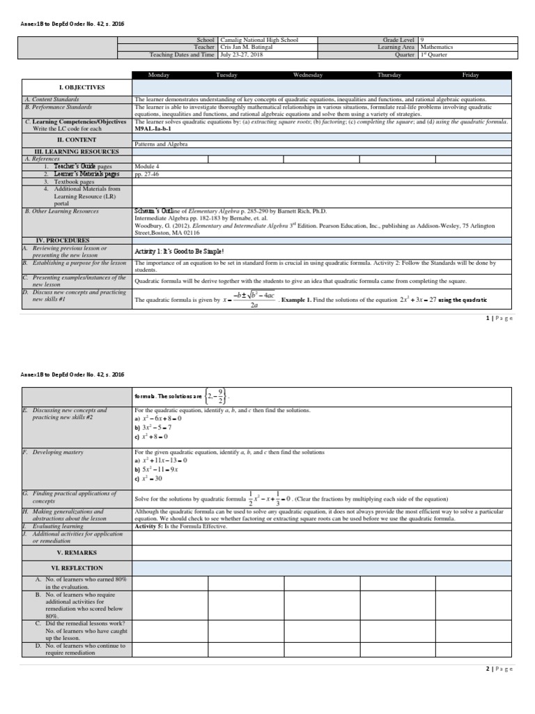 DLL Grade 9 Math Q1 Week 8 | PDF | Quadratic Equation | Equations