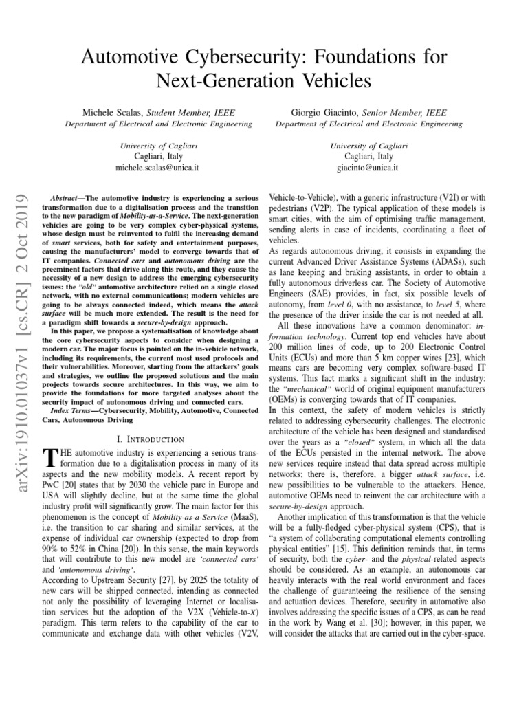 Automotive Cybersecurity Pdf Information Security Computer Network