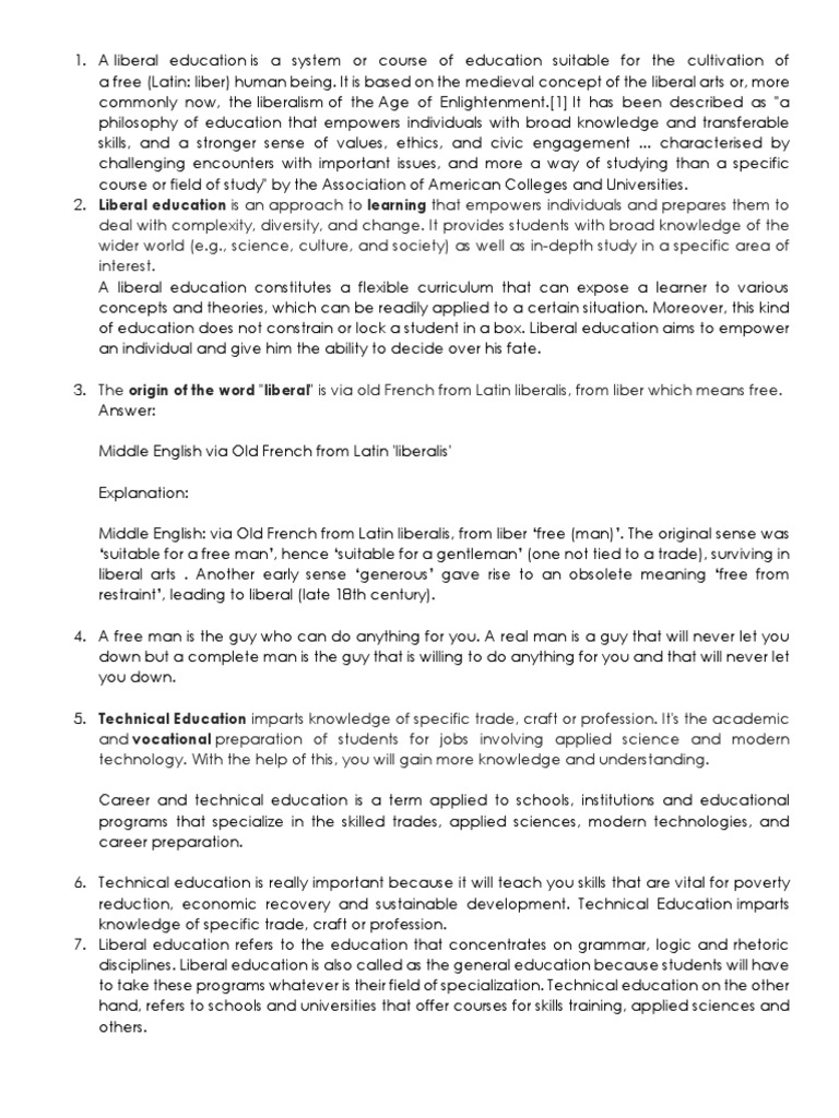 Liberal Education Answer Key | PDF | Vocational Education | Liberal ...