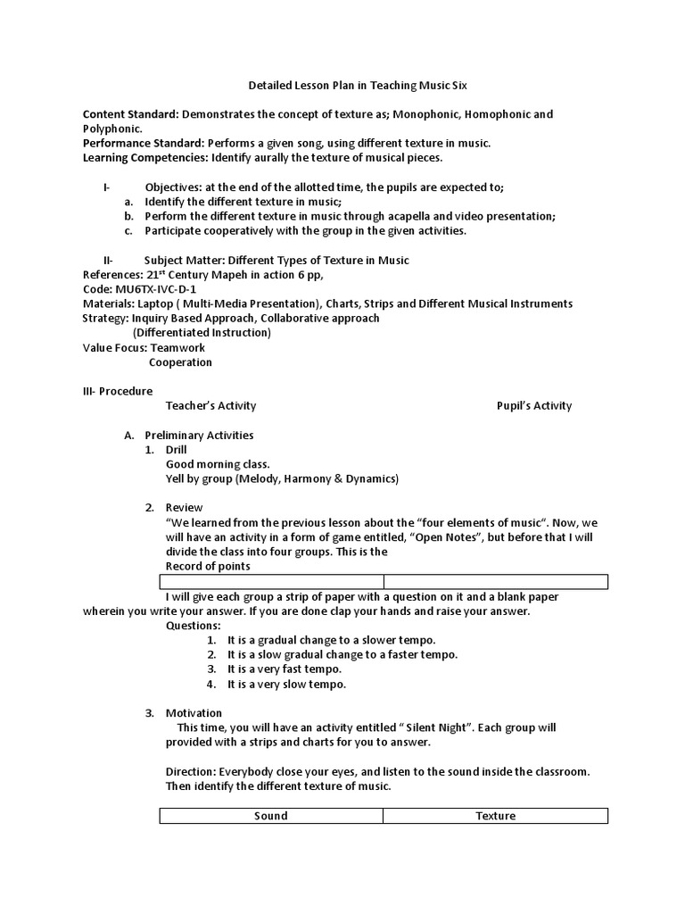 Detailed Lesson Plan in MUSIC I | PDF | Lesson Plan | Elements Of Music