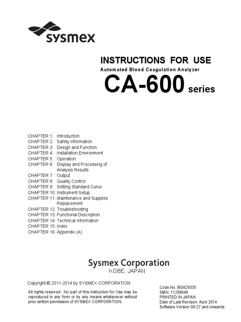 Instructions For Use Sysmex CA-600 PDF | PDF | Coagulation ...