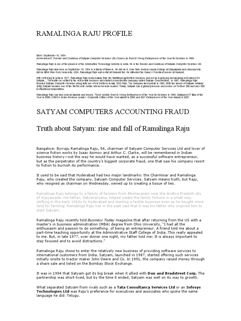 Ramalinga Raju: Satyam Fraud Scandal | PDF | Pricewaterhouse Coopers ...
