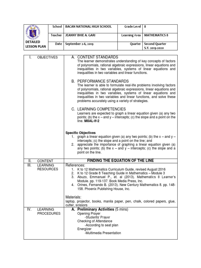 Detailed Lesson Plan in Finding The Equation of The Line | PDF ...