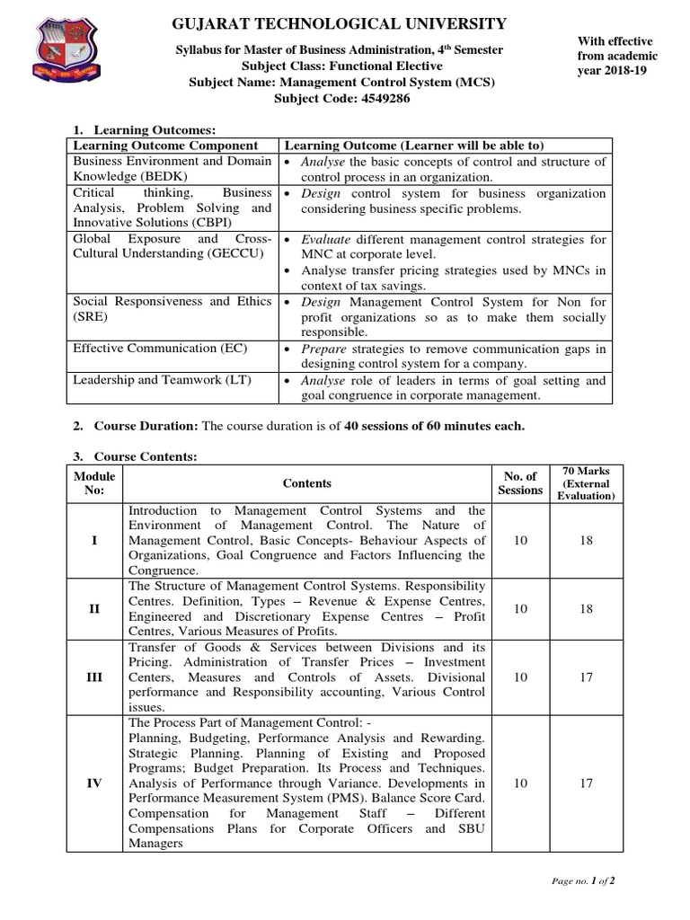 Management Control Systems: A Comprehensive Syllabus Outlining the Key ...