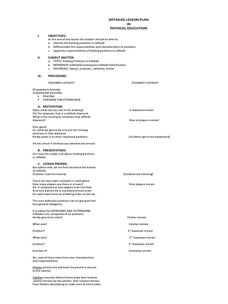 DETAILED LESSON PLAN IN PHYSICAL EDUCATIsharon | PDF | Baseball Field ...