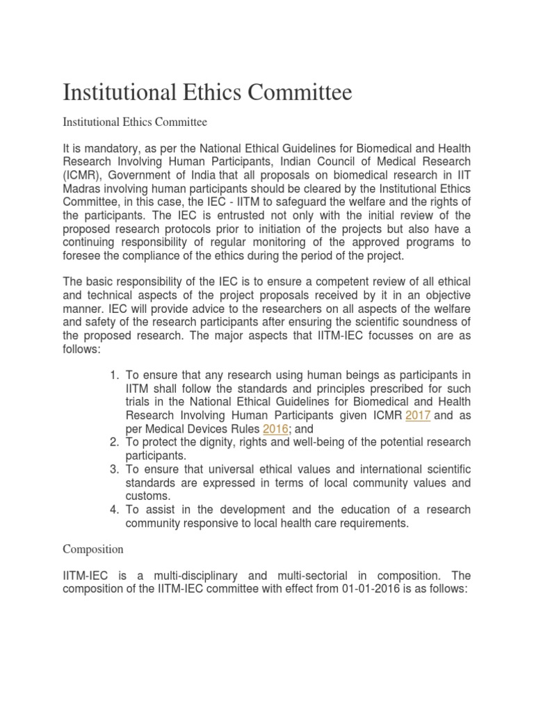 Institutional Ethics Committee at IIT Madras: Composition, Review ...