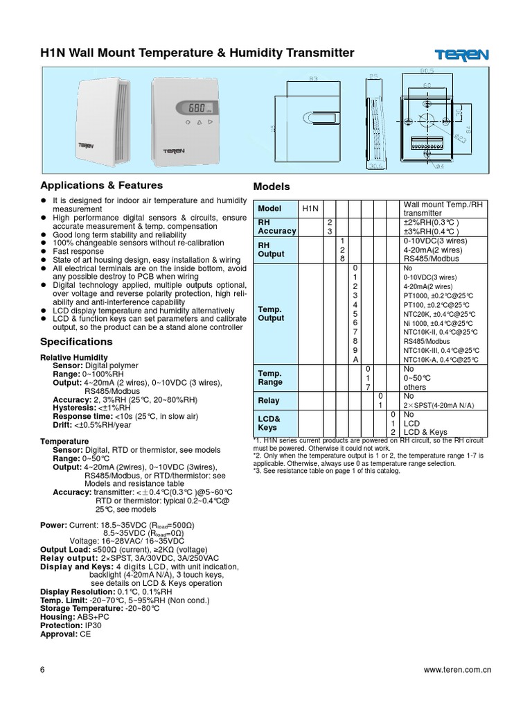 Teren H1N Wall Mount Temp & Hum PDF | PDF | Relative Humidity | Electricity