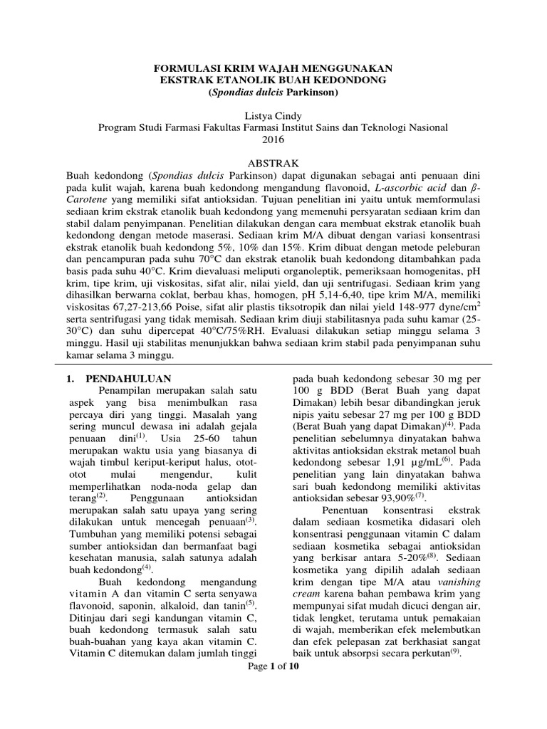 Jurnal - Formulasi Krim Wajah Menggunakan Ekstrak Etanolik Buah ...