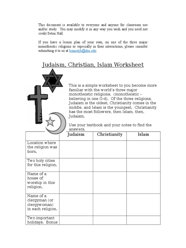 Monotheistic Religions Worksheet | PDF | Synagogue | Mecca