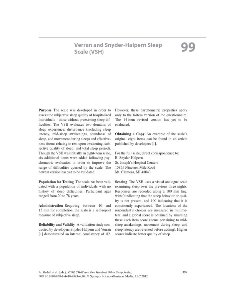 Verran and Snyder-Halpern Sleep Scale (VSH) | PDF | Self Report Study ...