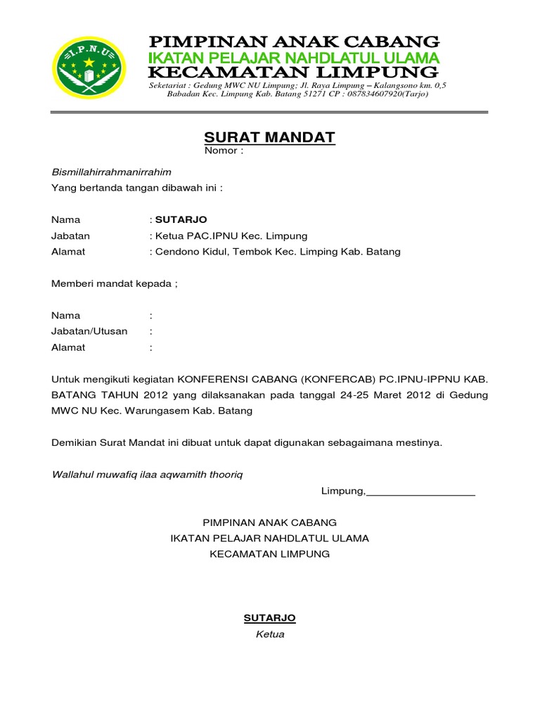 Contoh Surat Mandat Ipnu PDF | PDF