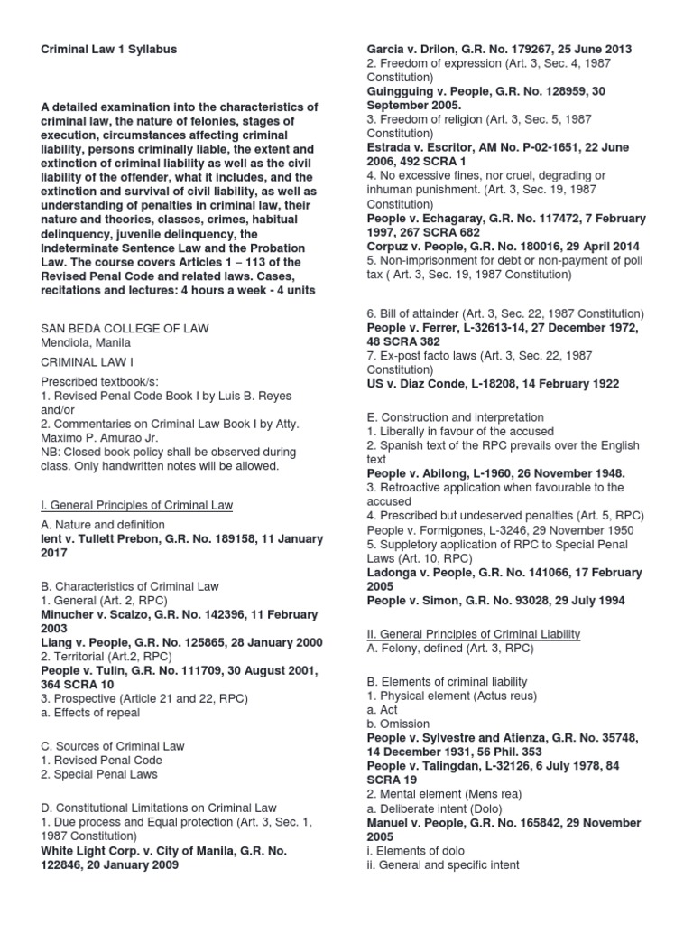 Criminal Law 1 Syllabus | PDF | Mens Rea | Criminal Law