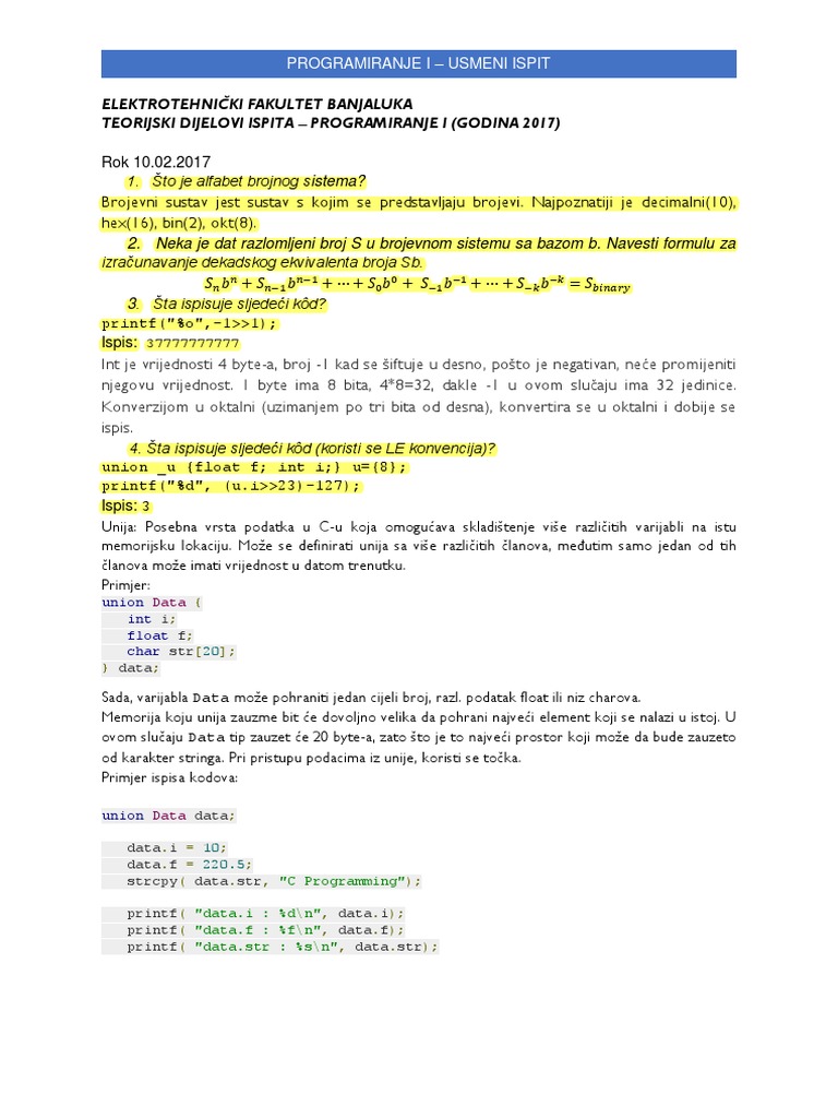 Usmeni Ispiti Programiranje I (1) - 1560855654 | PDF