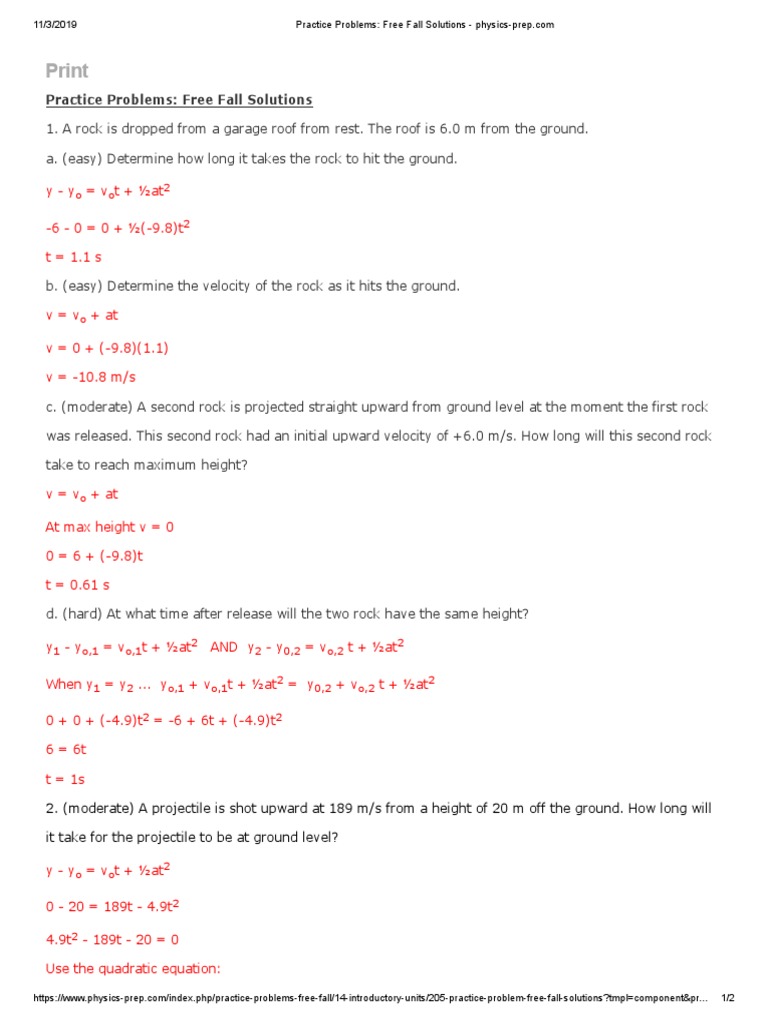 Practice Problems - Free Fall Solutions | PDF | Equations | Physical Sciences