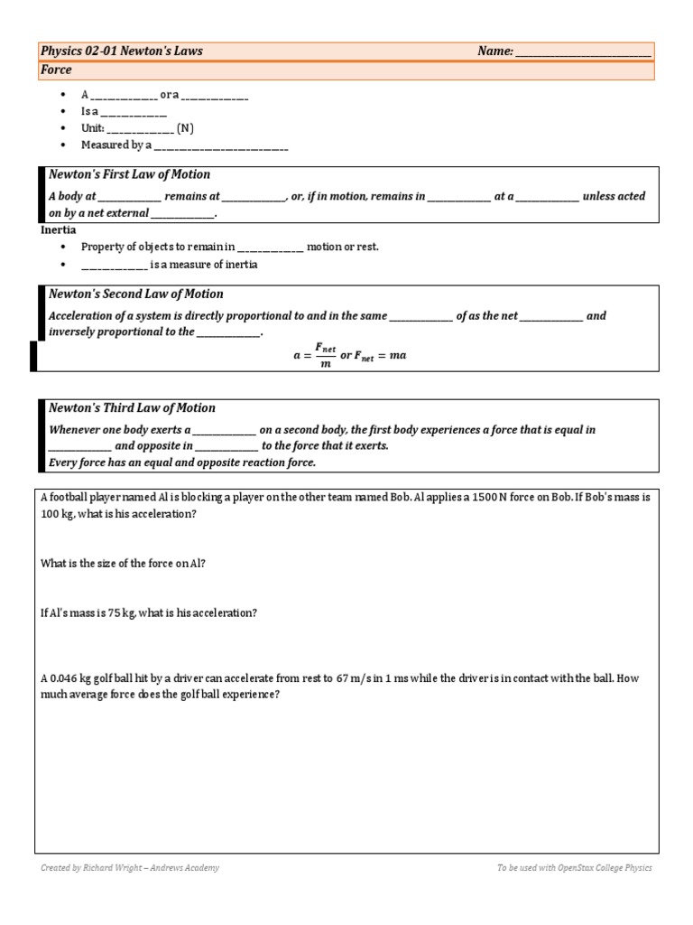 Physics 02-01 Newtons Laws Lab | PDF | Newton's Laws Of Motion | Force