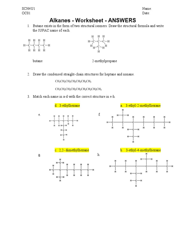Naming Alkanes Worksheet 1 Answers