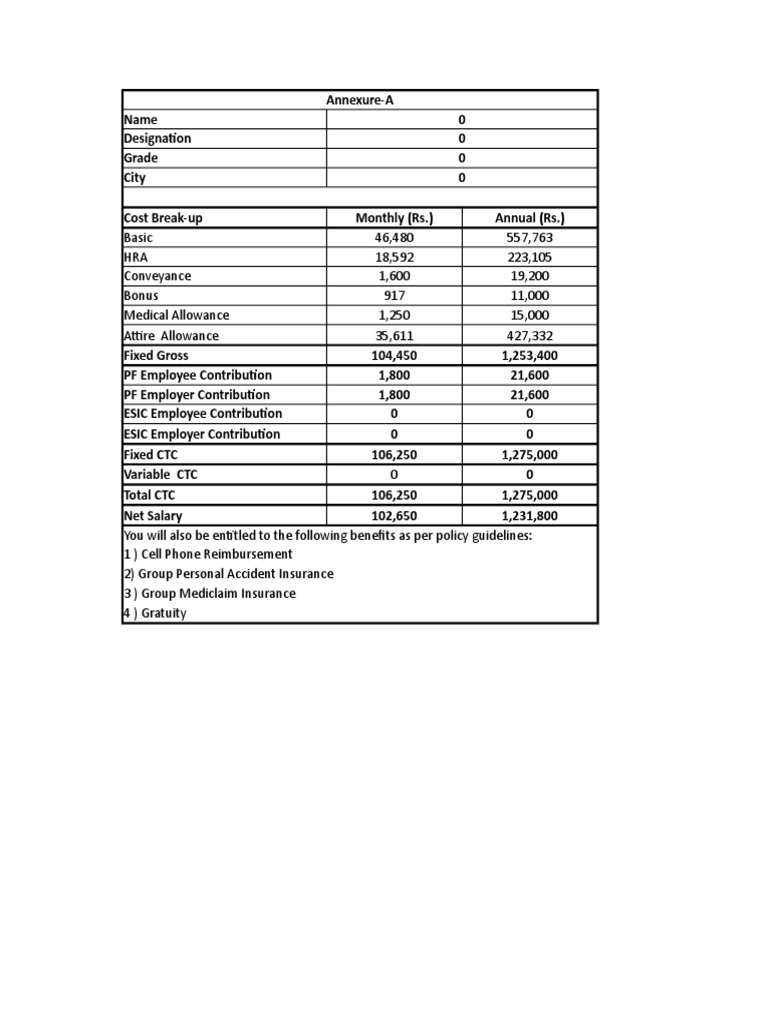 Sample CTC Working | PDF | Employment Compensation | Employment